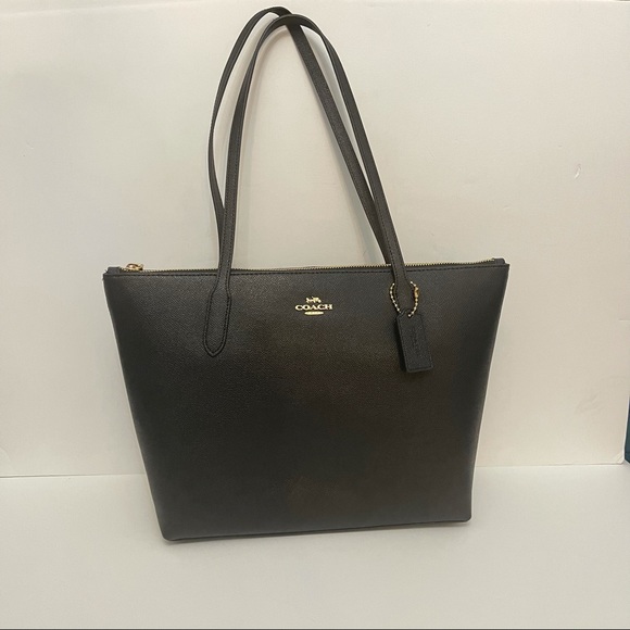 Coach | Bags | Coach Black Leather Zip Top Tote With Gold Tone Hardware ...